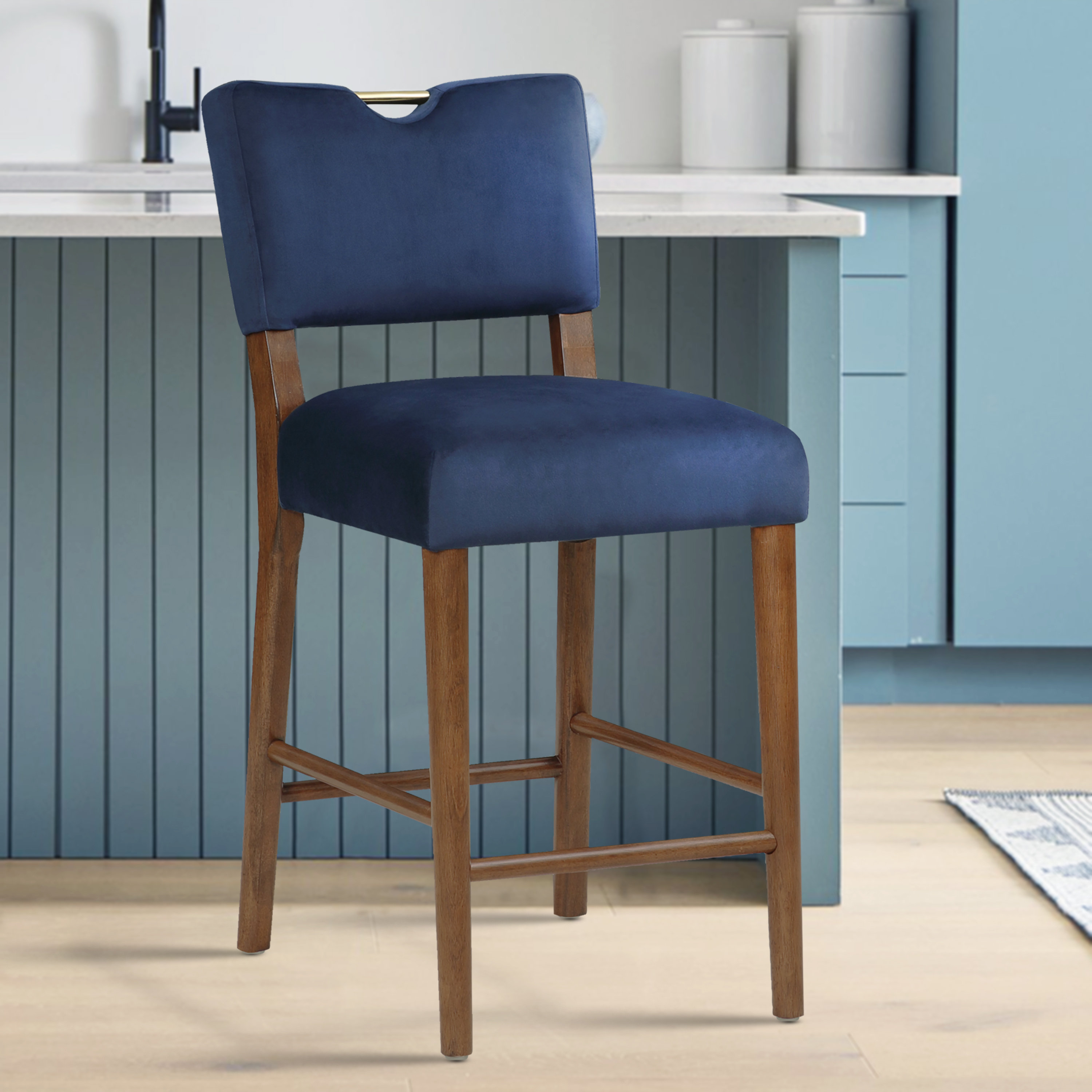 Red Barrel Studio Bonito Navy Blue Velvet Counter Height Bar Stool ...