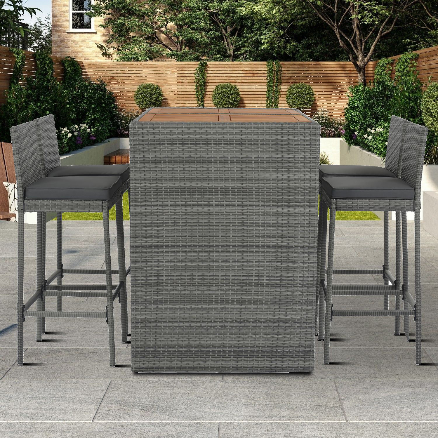 Dakota Fields 5-Piece Outdoor Bar-Height Dining Set with Acacia Wood Tabletop and Wicker Stools ...