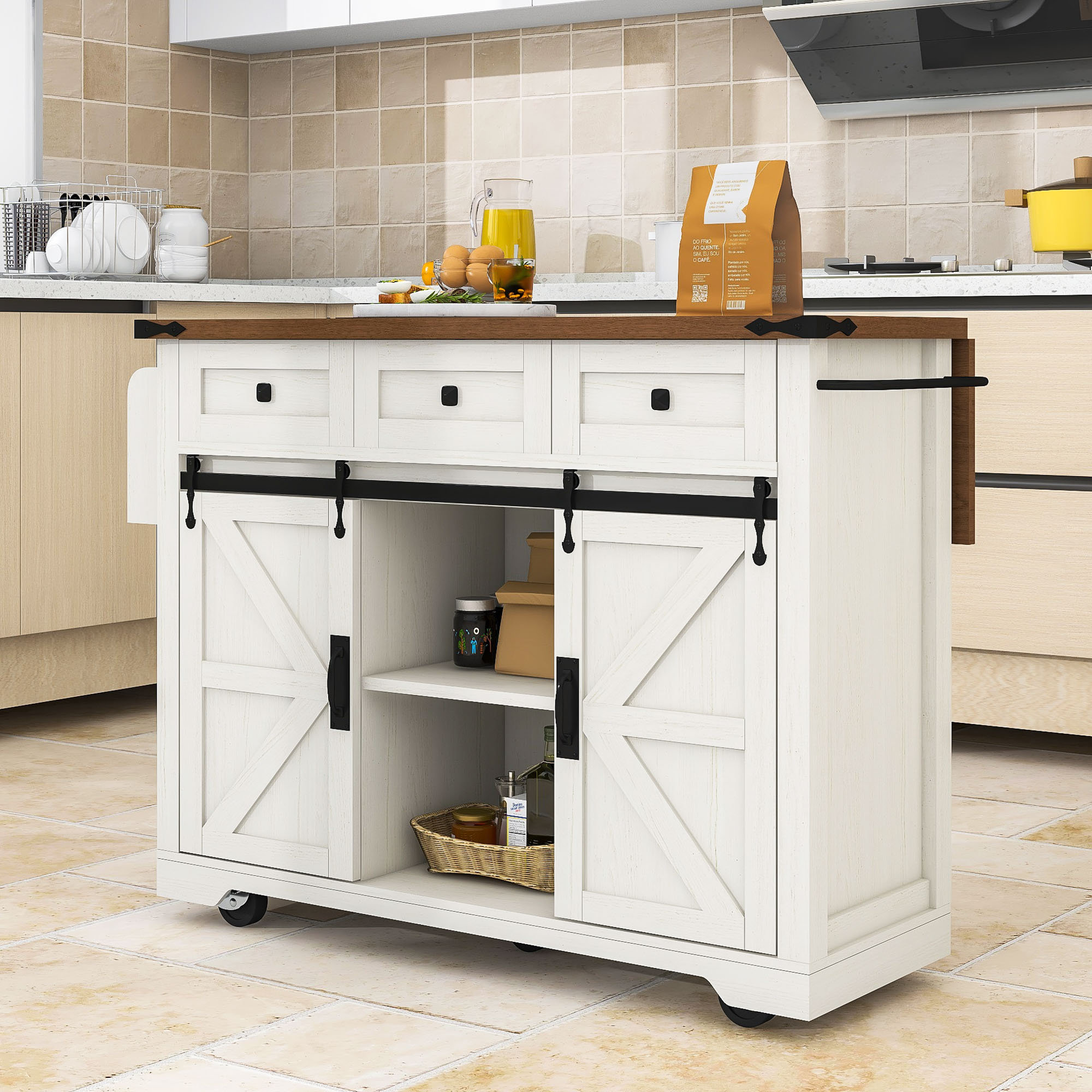 Gracie Oaks Elegant Farmhouse Kitchen Island with Built-in Power Supply ...