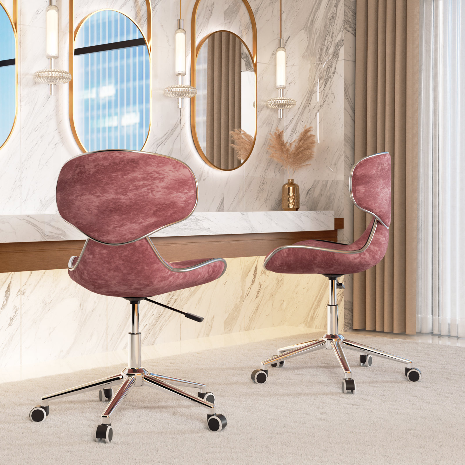 Brayden Studio Velvet Adjustable Height Rolling Bar Stools with ...