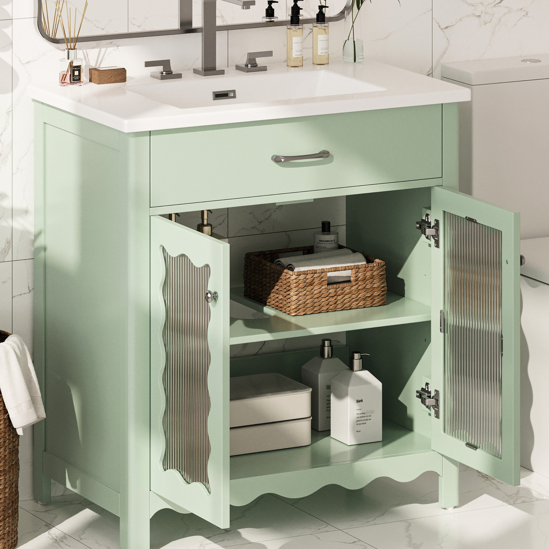 Hokku Designs 31" Bathroom Vanity With Tempered Glass, Adjustable ...
