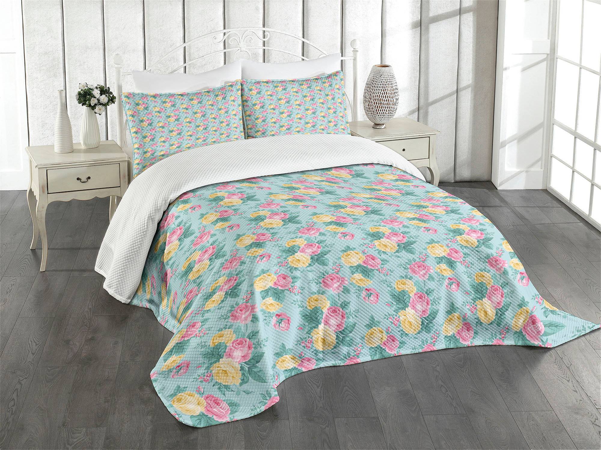 Ambesonne Shabby Flora Bedspread Set Summer Roses Bridal Turquoise Pale ...