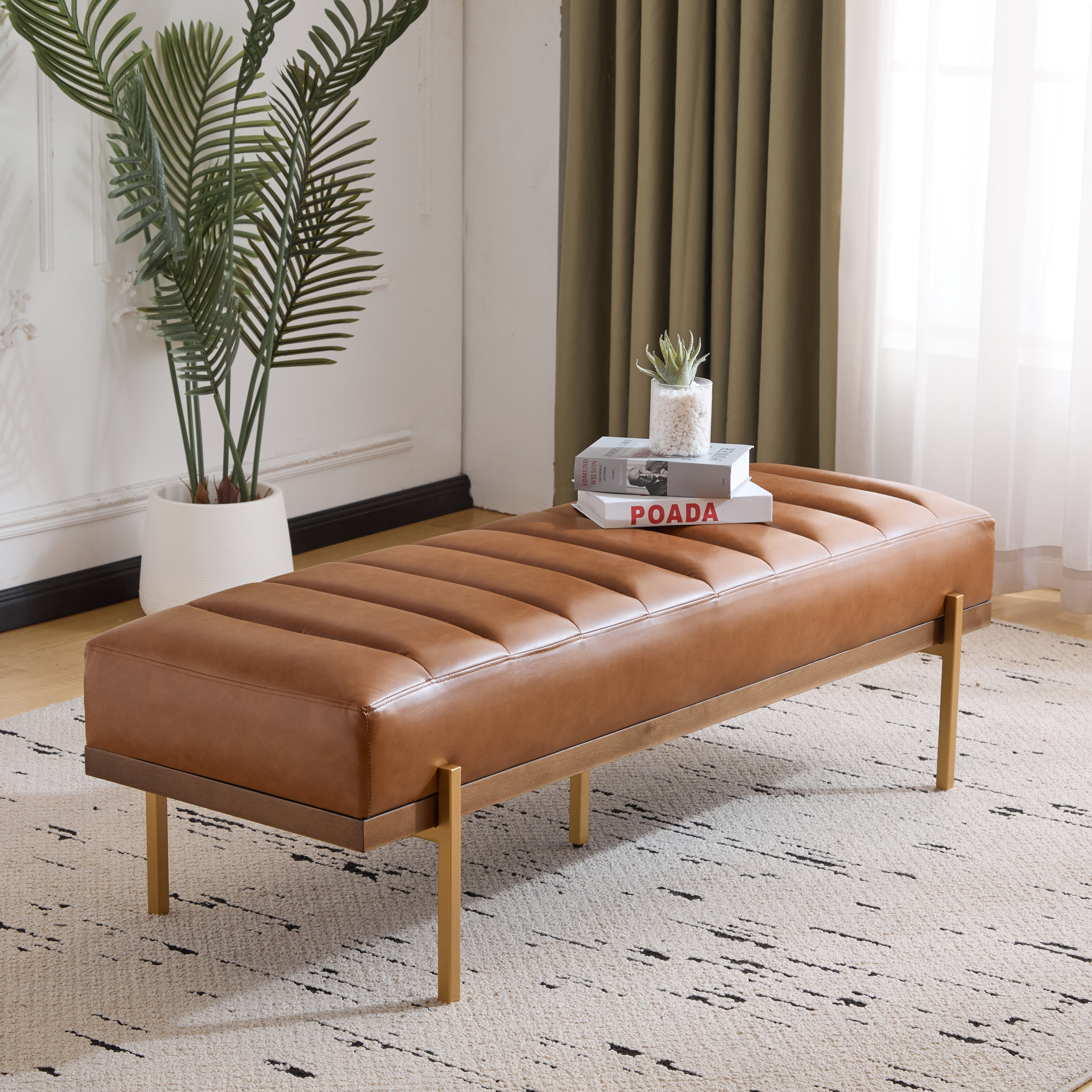 Mercer41 Robbinsdale Modern Channel Tufted Bench With Gold Base ...