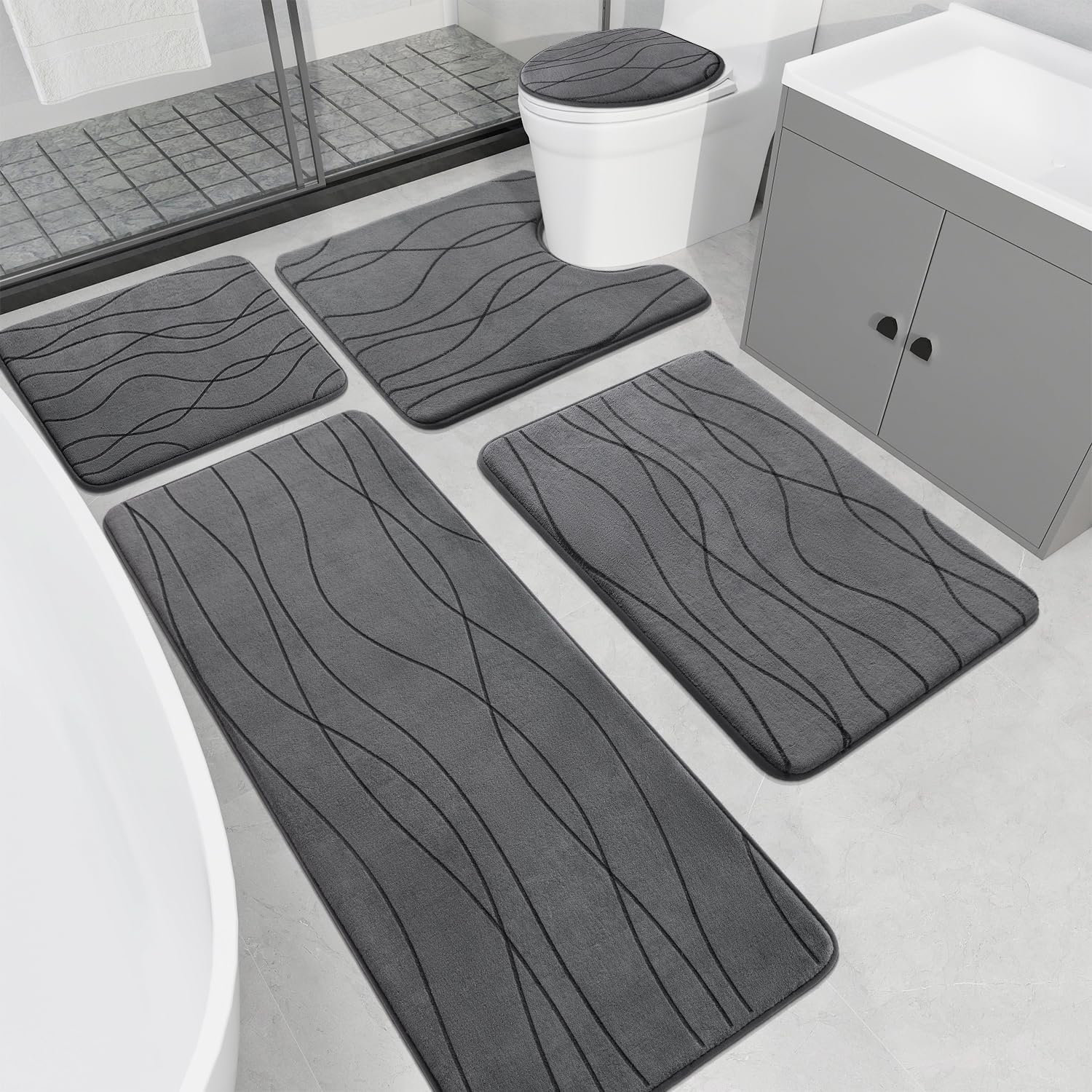 Orren Ellis Memory Foam Grey Bathroom Rug Sets 5 Piece | Wayfair