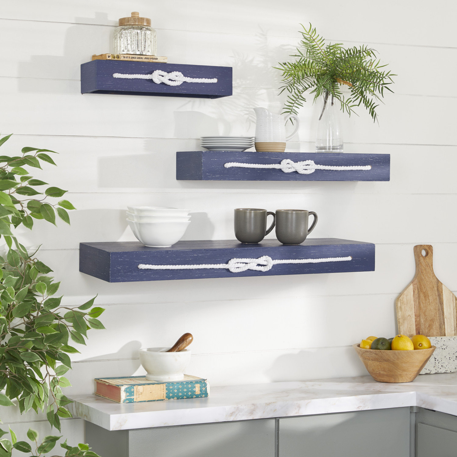 Longshore Tides Binni Wood 3 Shelves Knot Blue Wall Shelf with Knotted ...