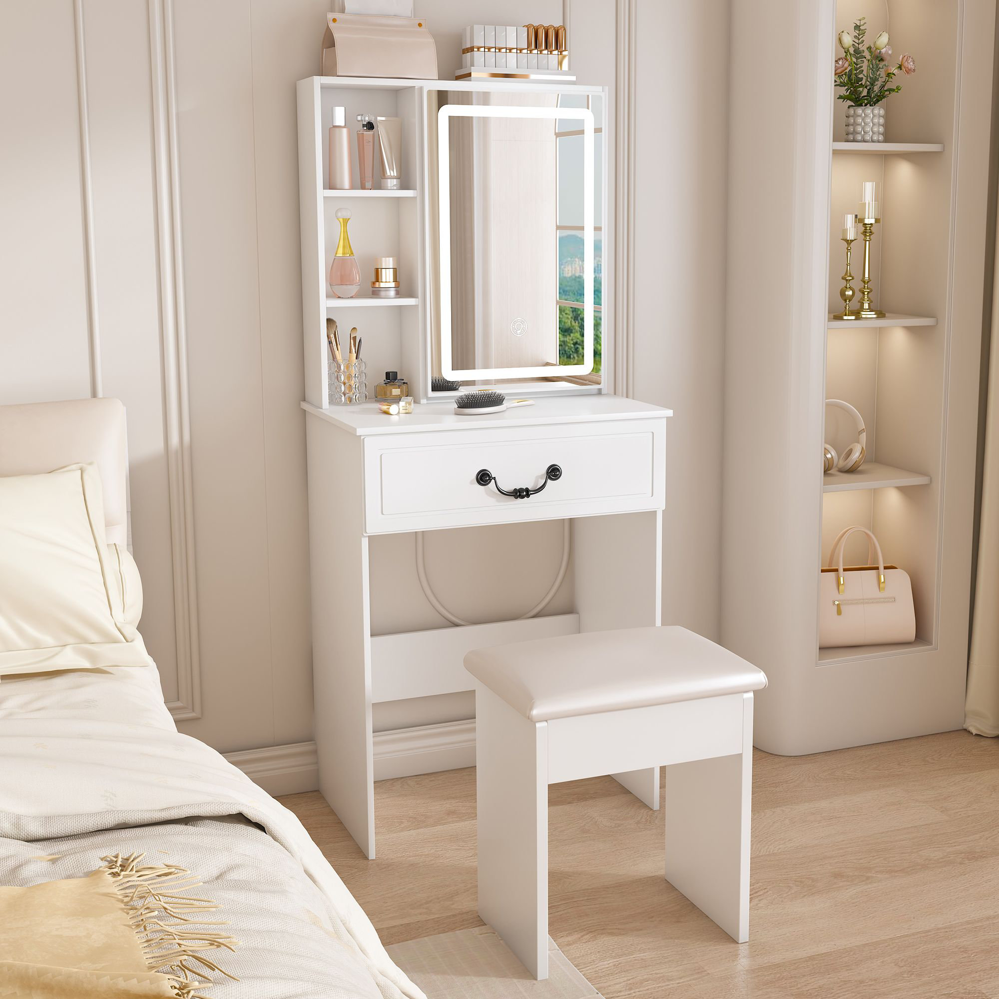Brayden Studio® Modern Mini Dressing Table with LED-lit Mirror & Hidden ...