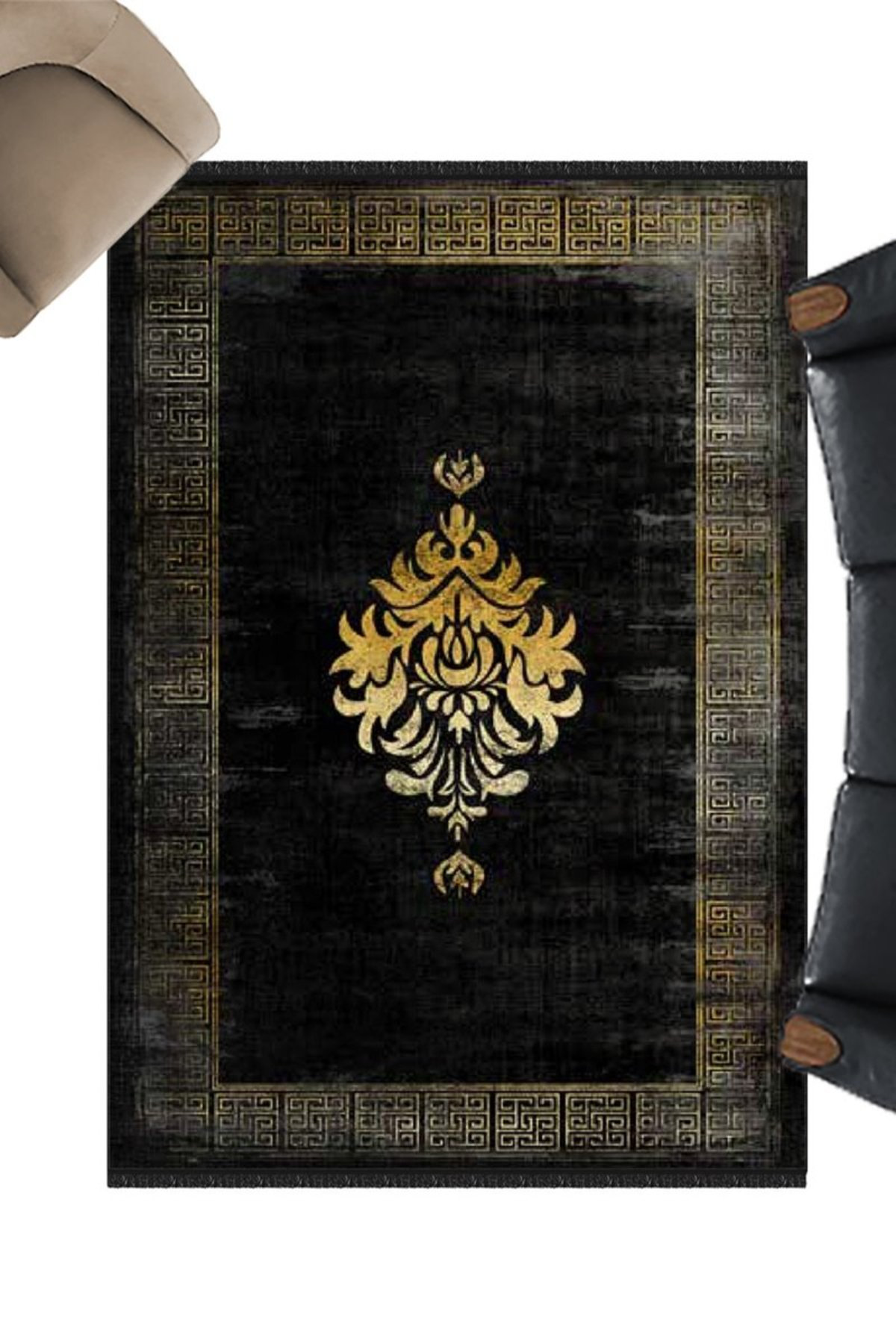 Rugpera Emelia Black And Gold Color Damask Design Carpet Machine Woven ...