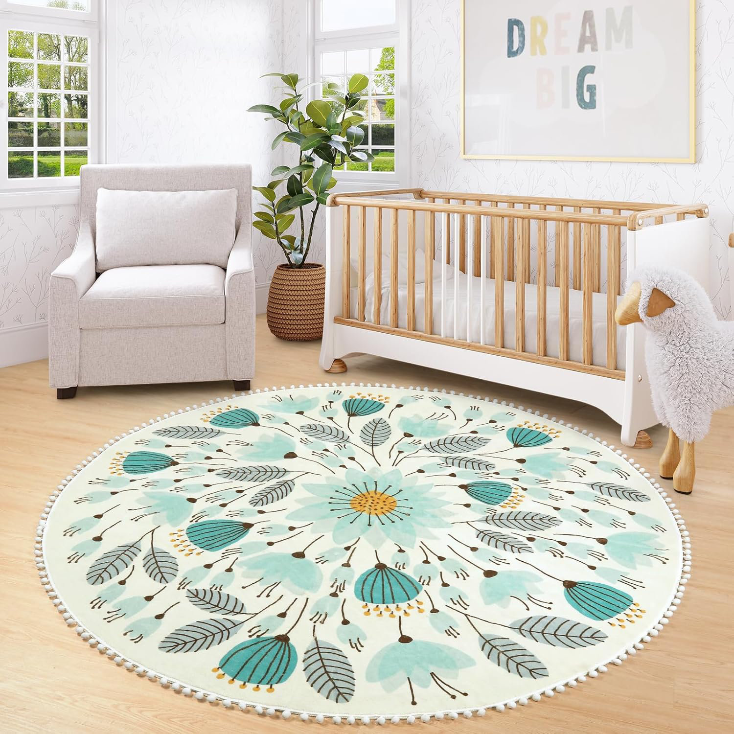 Red Barrel Studio® Round Rug For Bedroom Circle Cute Area Rug With Pom ...