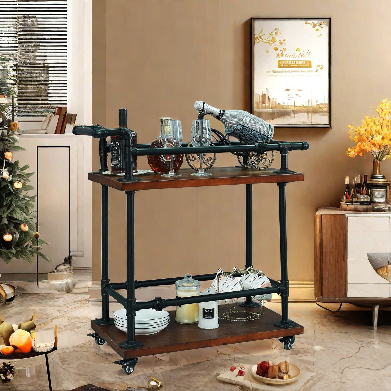 Trent Austin Design® Industrial Bar Cart For Home: 2 - Tier Bar Serving ...