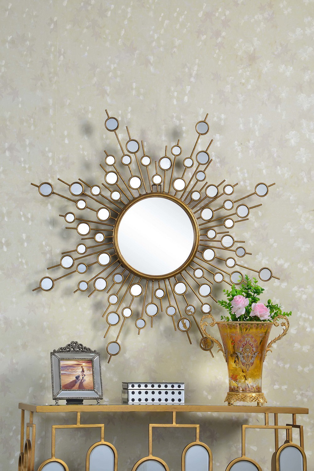 Everly Quinn Sunburst Metal Framed Wall Mounted Accent Mirror in Golden ...