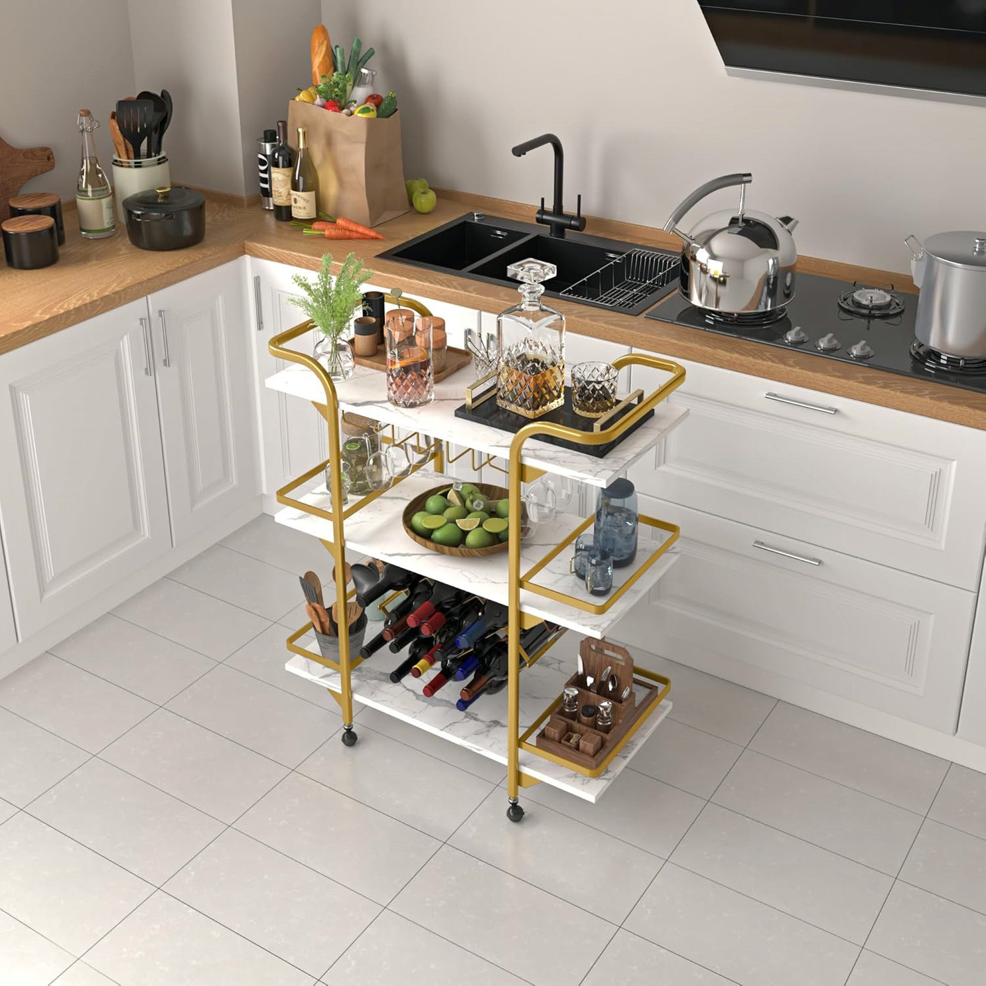 Hokku Designs Chariot-bar Tindra, chariot de service en faux marbre à 3 ...