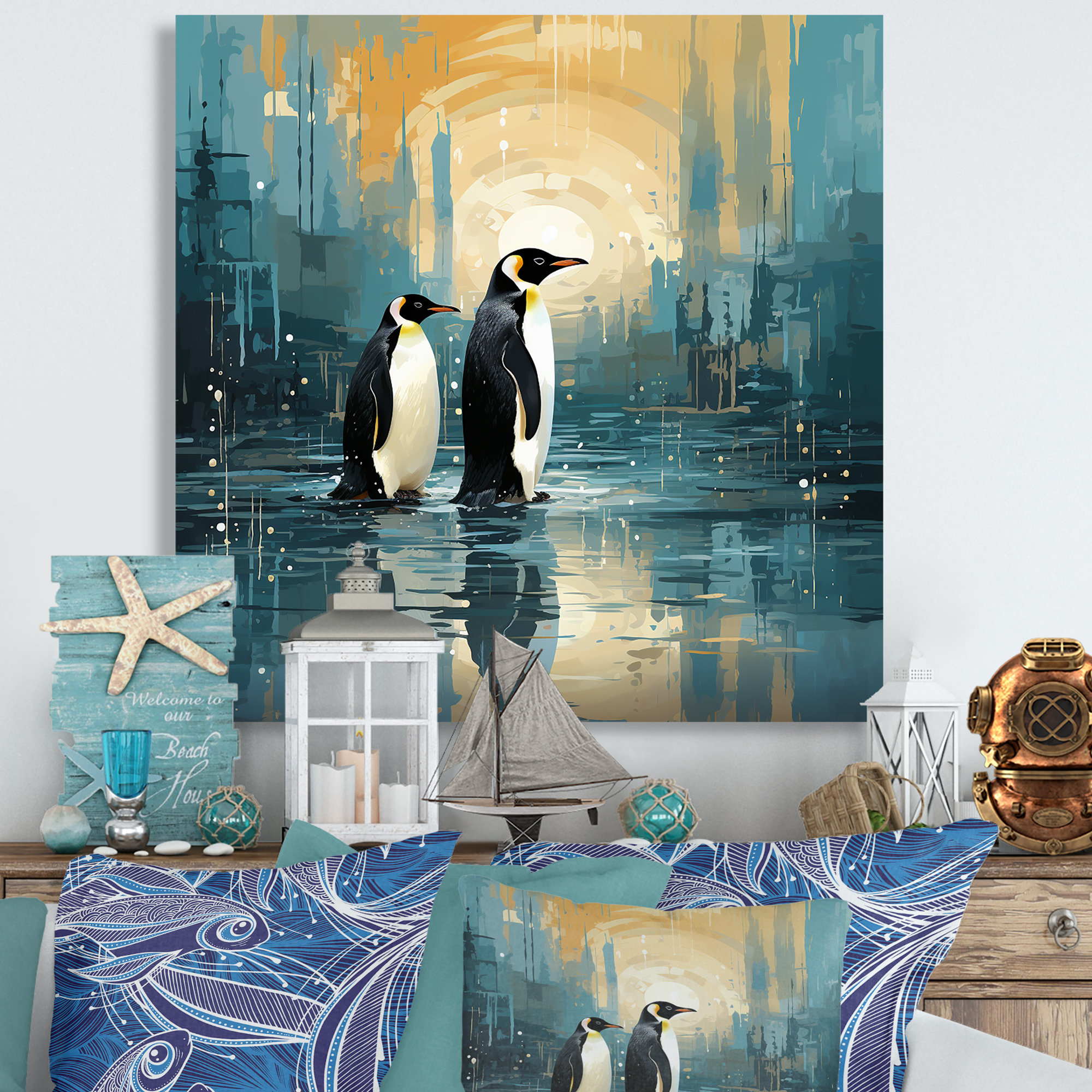 Design Art Penguin Couple Elegance In Snow - Penguin Canvas Prints ...