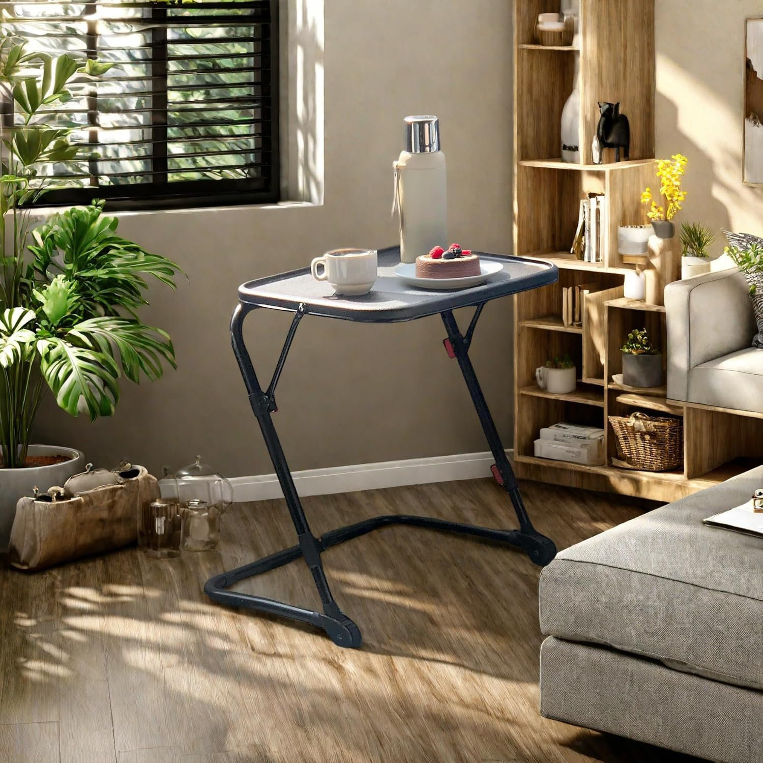 Inbox Zero Compact Folding End Table With Built-In Cup Holder, Space ...