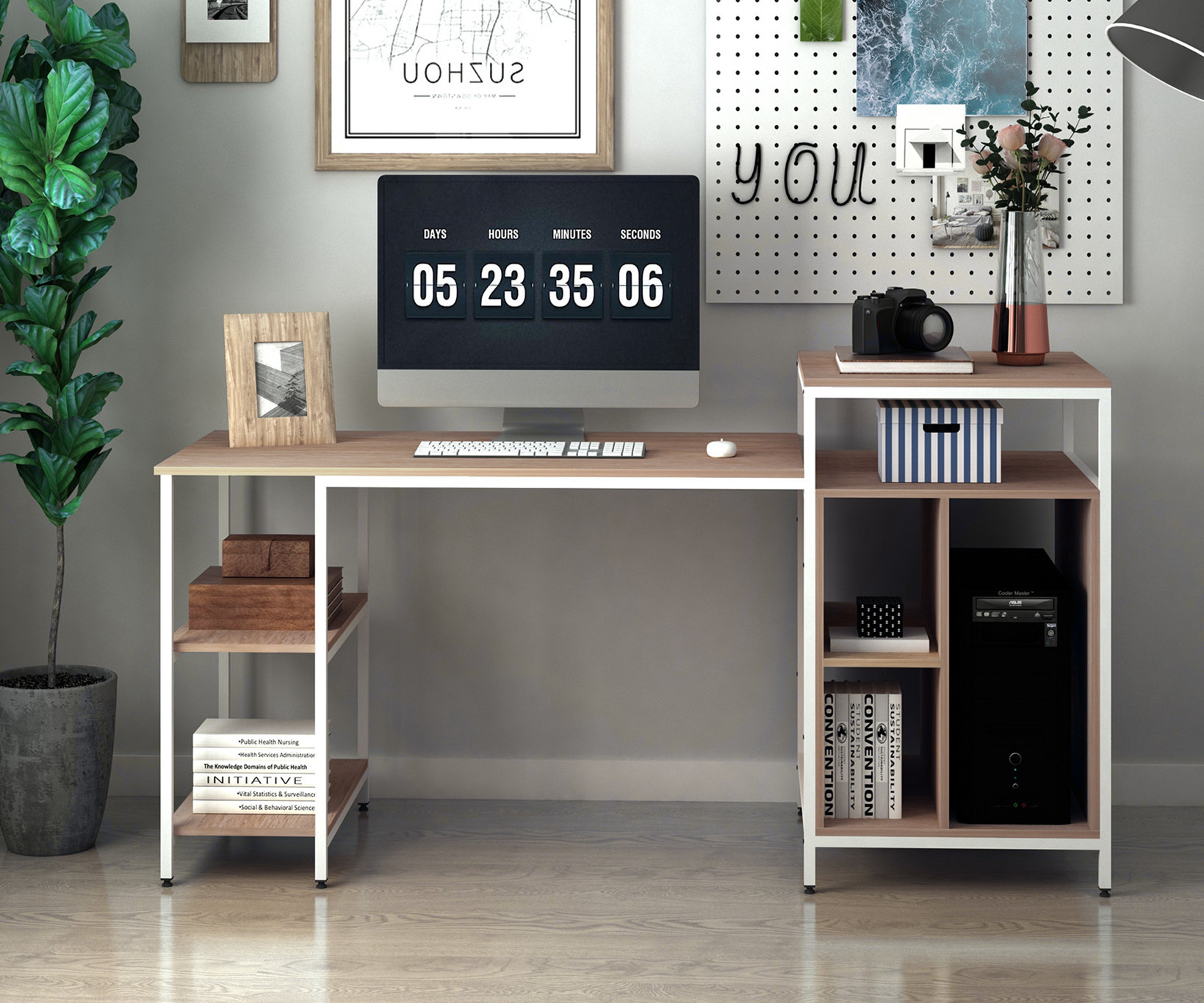 Latitude Run® Office Table Computer Desk Workstation Bookshelf with CPU ...