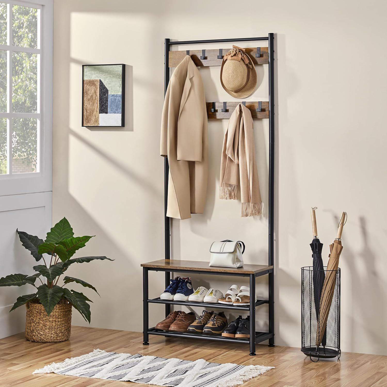 AGROTECH AVS 3-in-1 Hall Tree Coat Rack Shoe Bench with 9 Hooks and ...