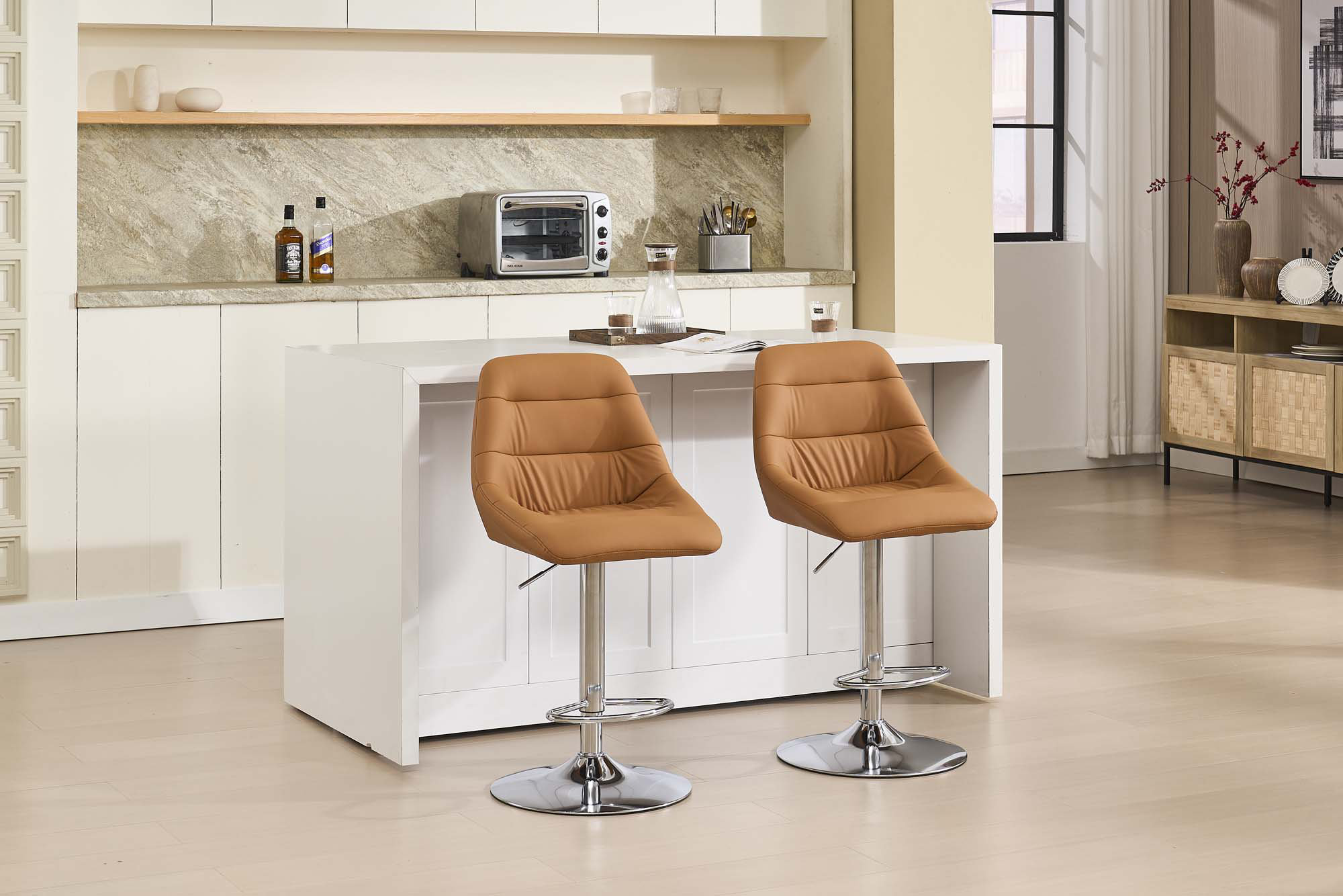 Everly Quinn Set of 2 Bar Stools, with Chrome Footrest and Base Swivel ...