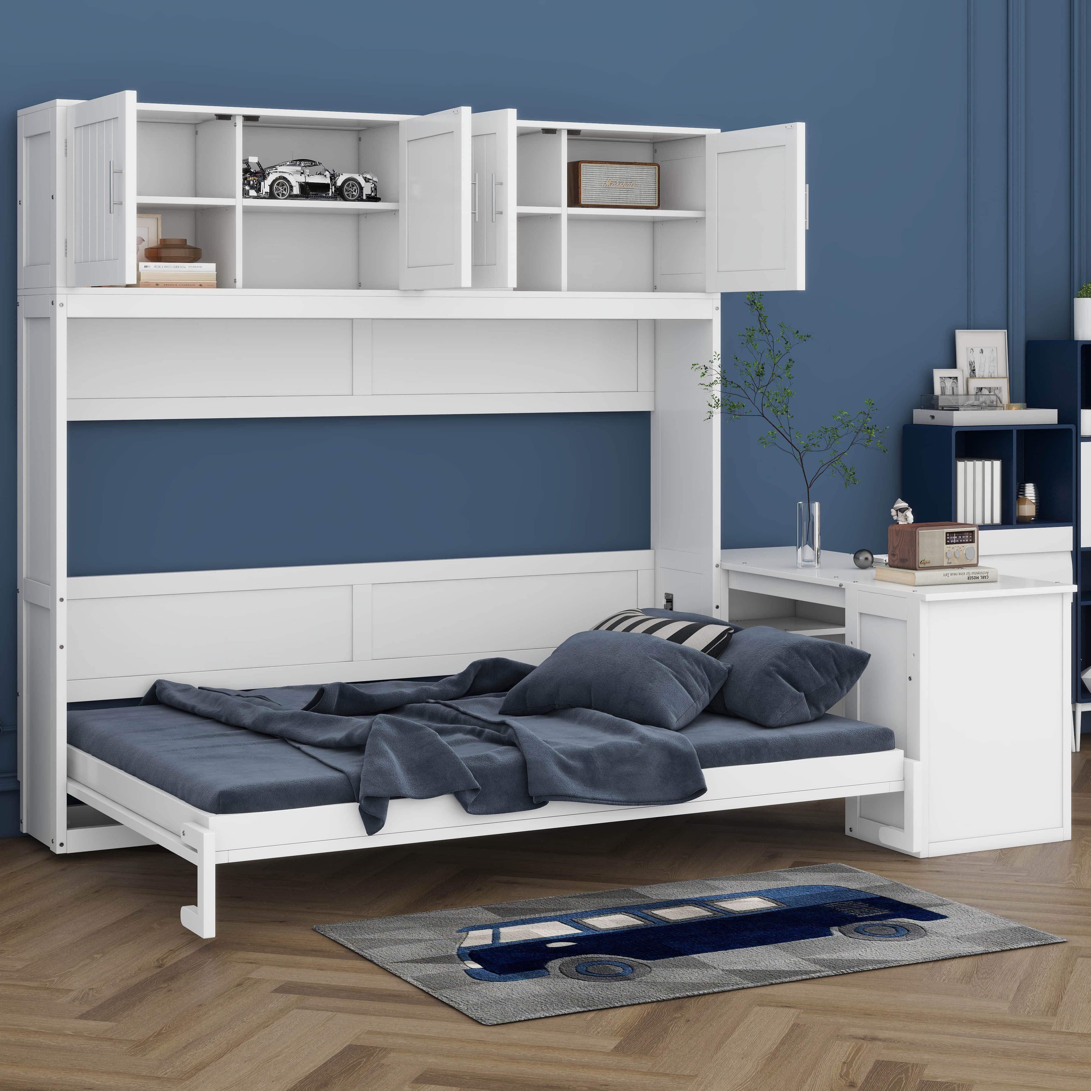 Red Barrel Studio® Queen Size Murphy Bed With Desk And Shelves, Modern ...