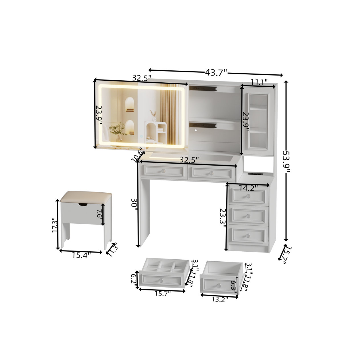 Wrought Studio™ Makeup Vanity Desk Set With Led Lighted Sliding Mirror ...
