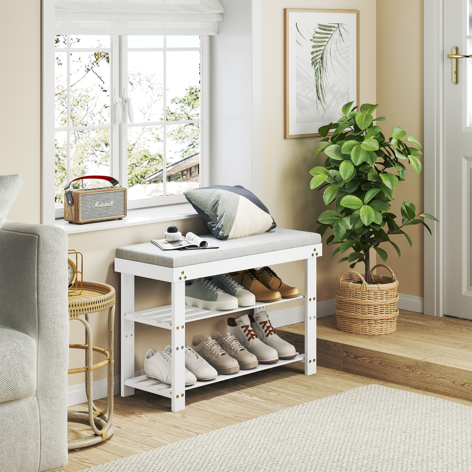 Ebern Designs Banc à chaussures avec tablettes et coussins réglables ...