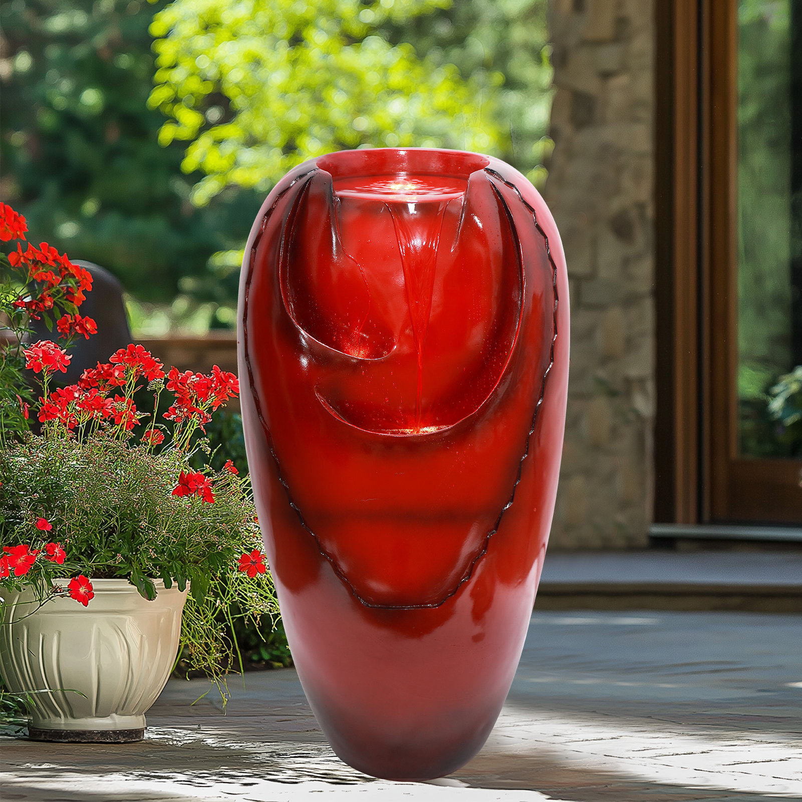 Ebern Designs Modern Red Vase Water Fountain with LED Light, Indoor ...