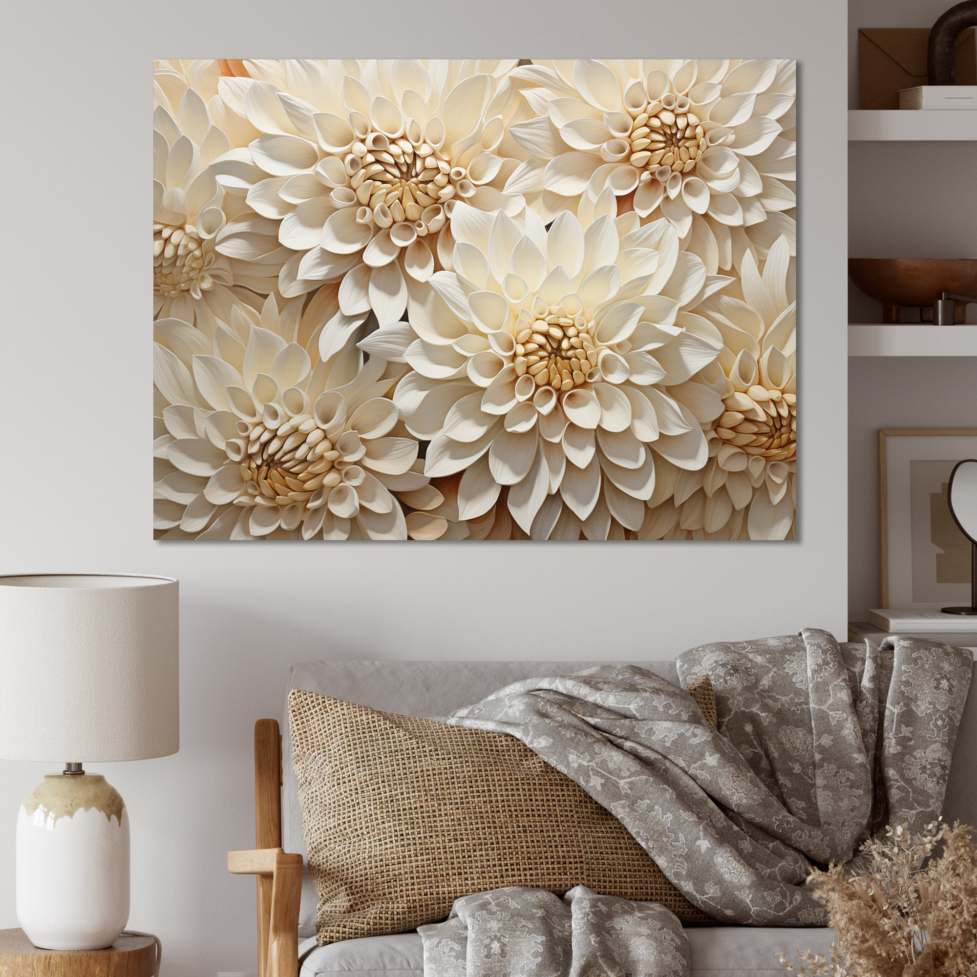 Design Art Minimalism Mums Painting In Beige And White - Mums Canvas ...