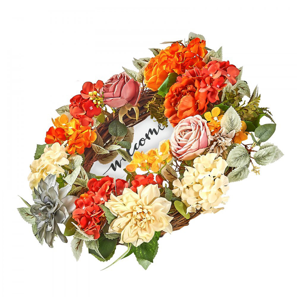 Primrue Decorative Wreath 24 in Red Orange Yellow Hydrangeas Roses Year ...