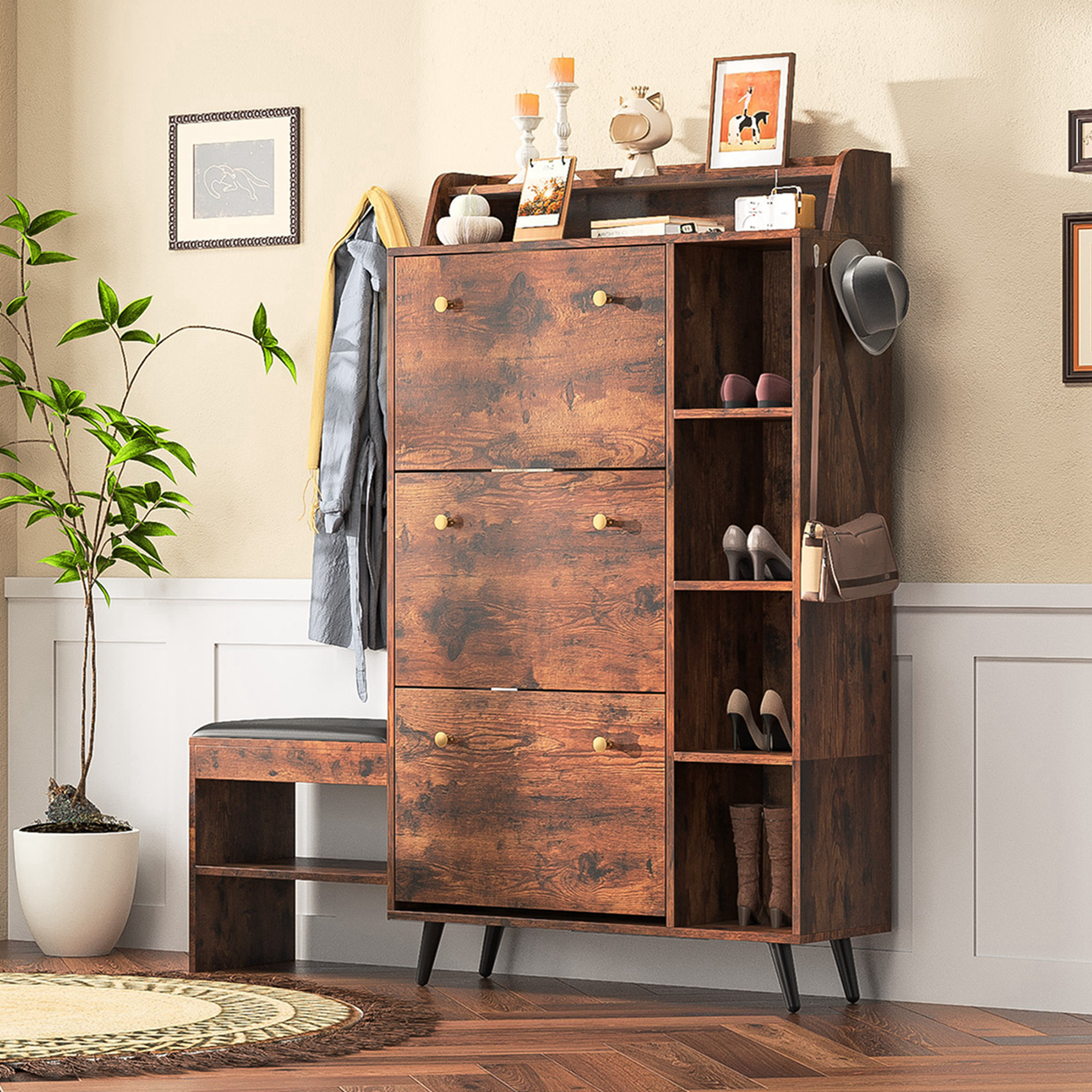 Everly Quinn 32 Pair Shoe Storage Cabinet With Bench, Narrow Shoe ...