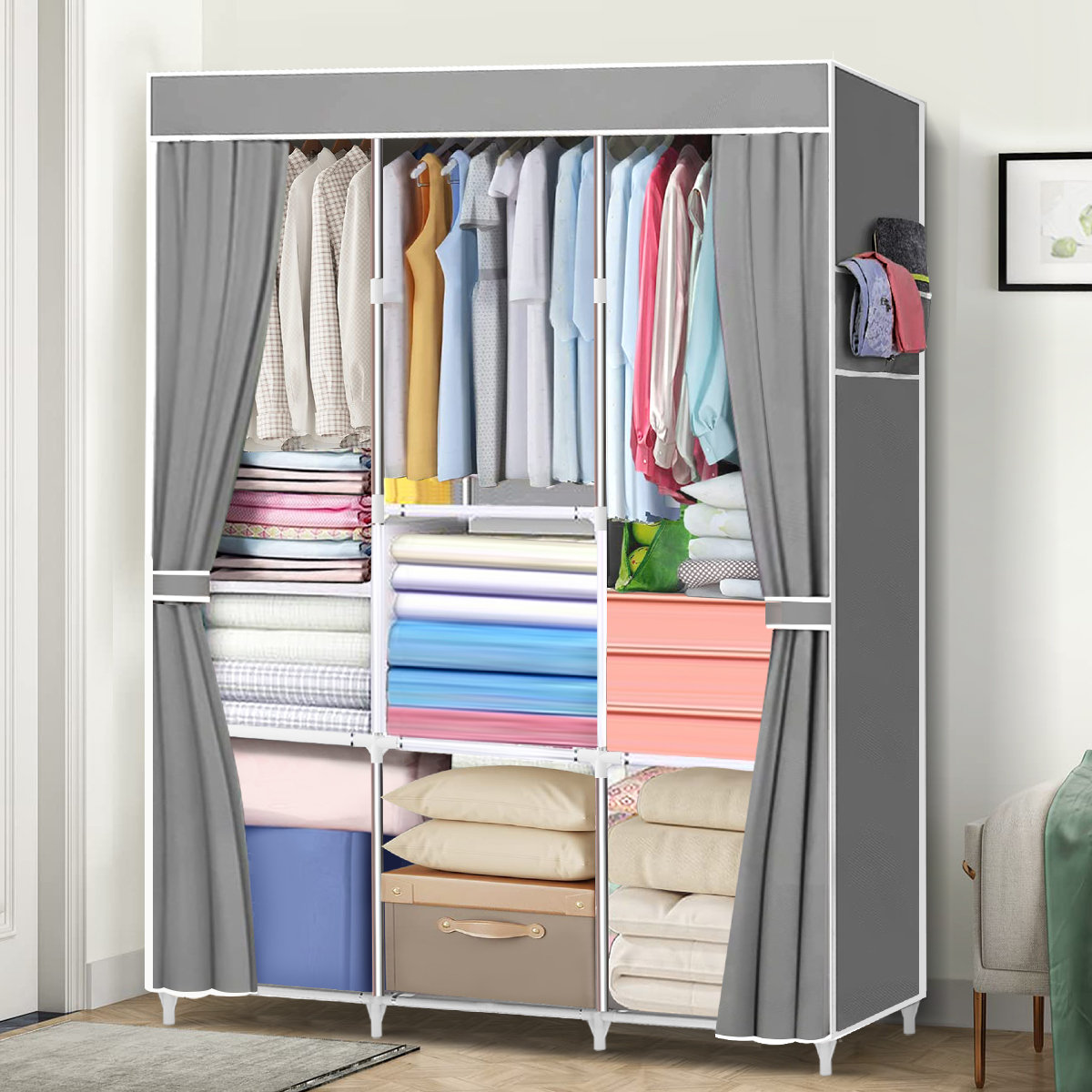 Rebrilliant Marshelle Portable Wardrobe with 7 Storage Shelves and 3 ...