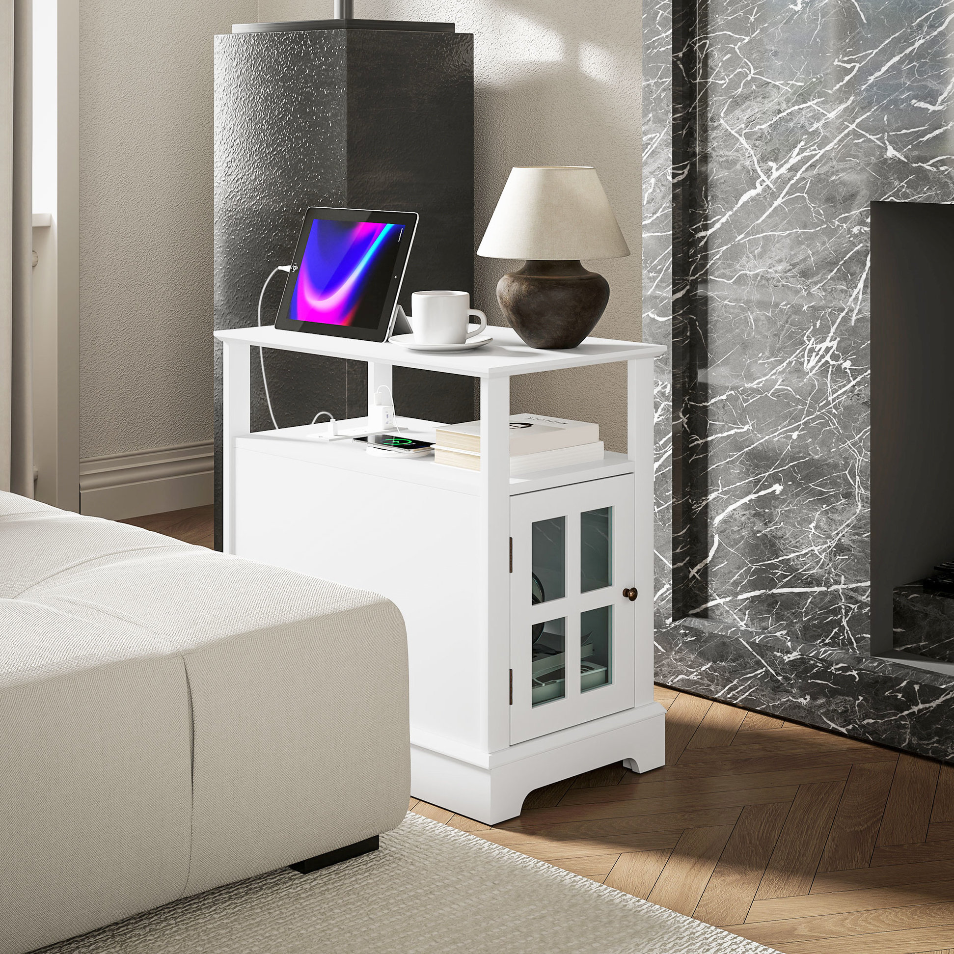 Lark Manor™ Living Room Side Table With Charging Station, White, Ports ...