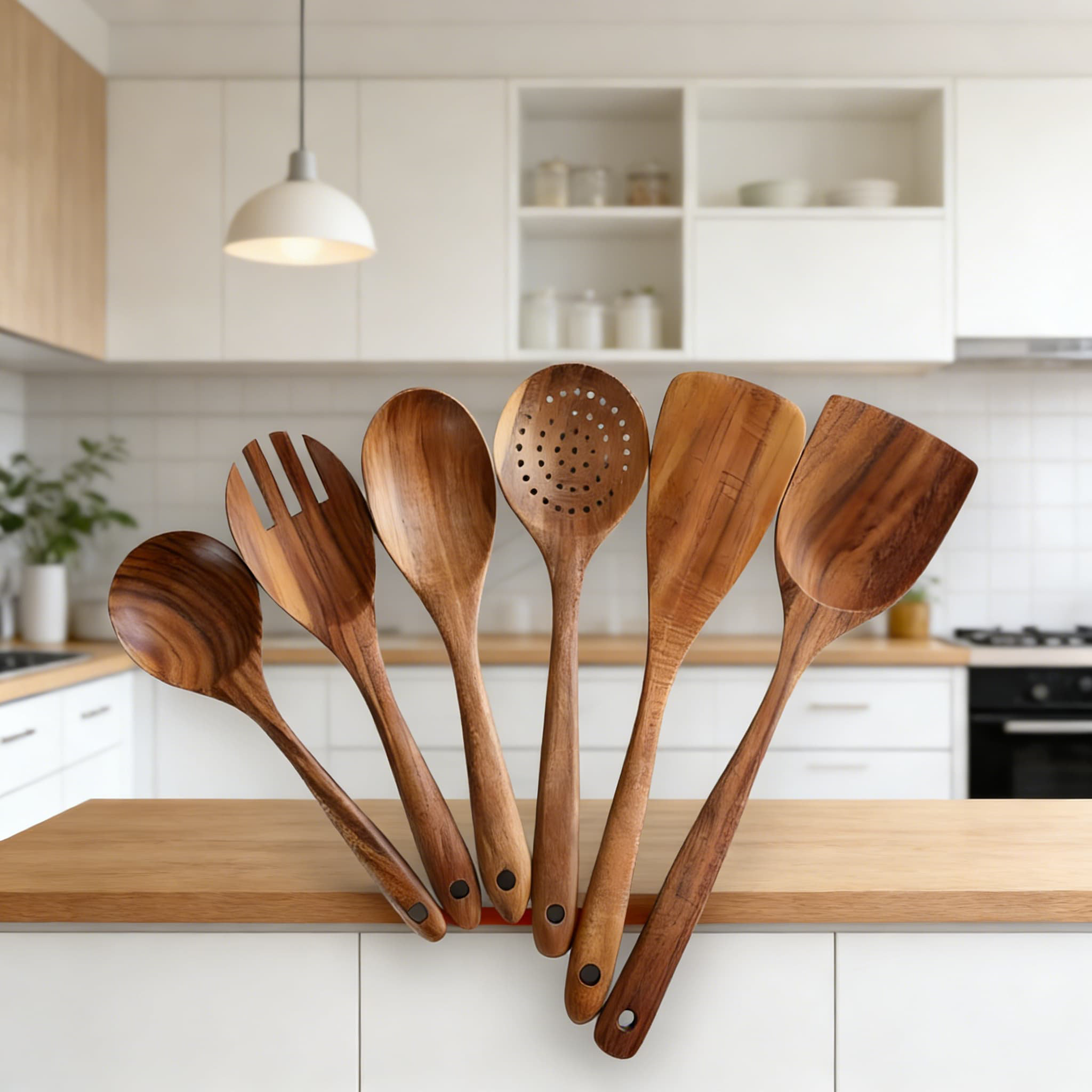 wuyi Acacia Wood Cooking Utensil Set, 6-Piece Nonstick Safe Wooden ...