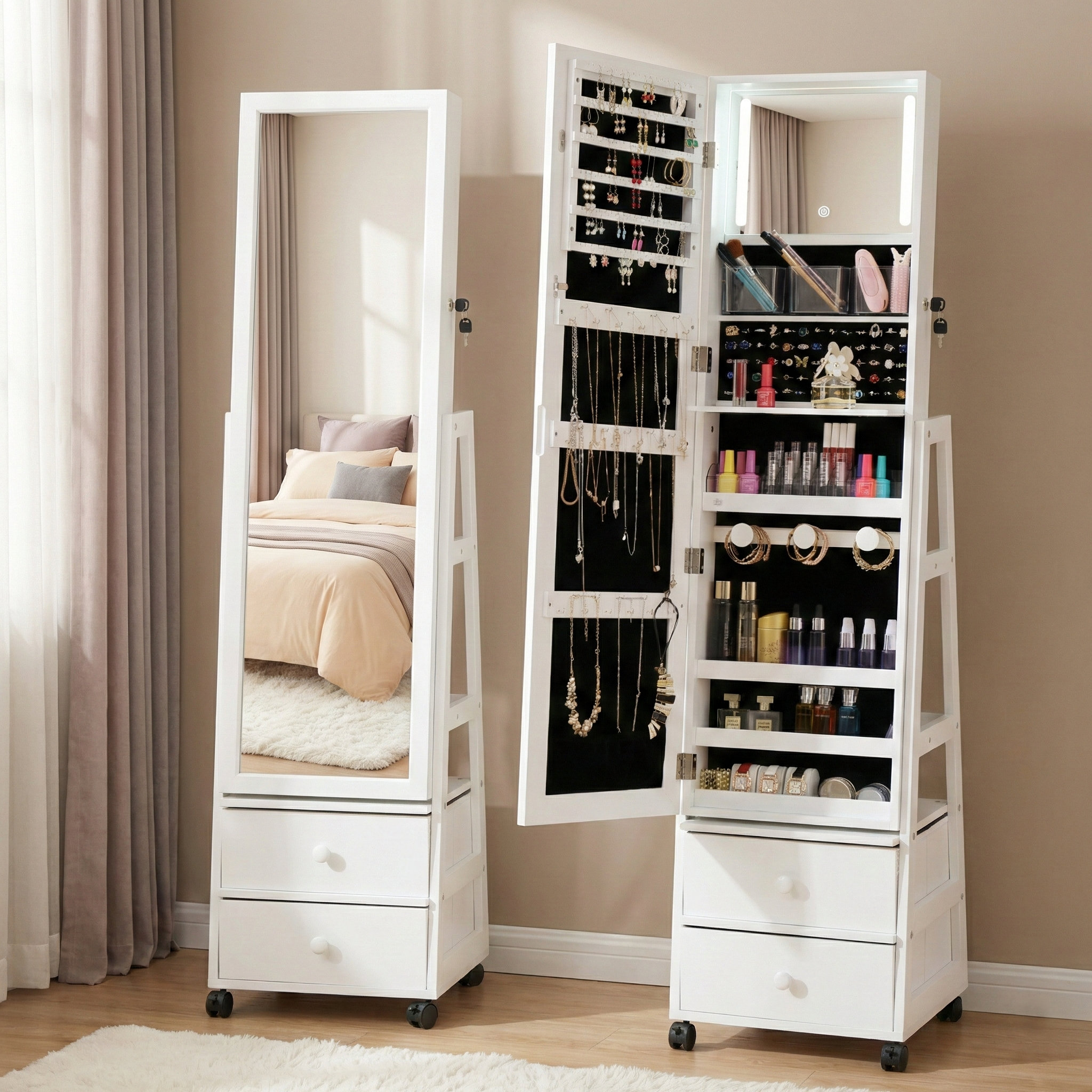 Ebern Designs 360° Swivel Jewelry Armoire with Internal LED Vanity ...