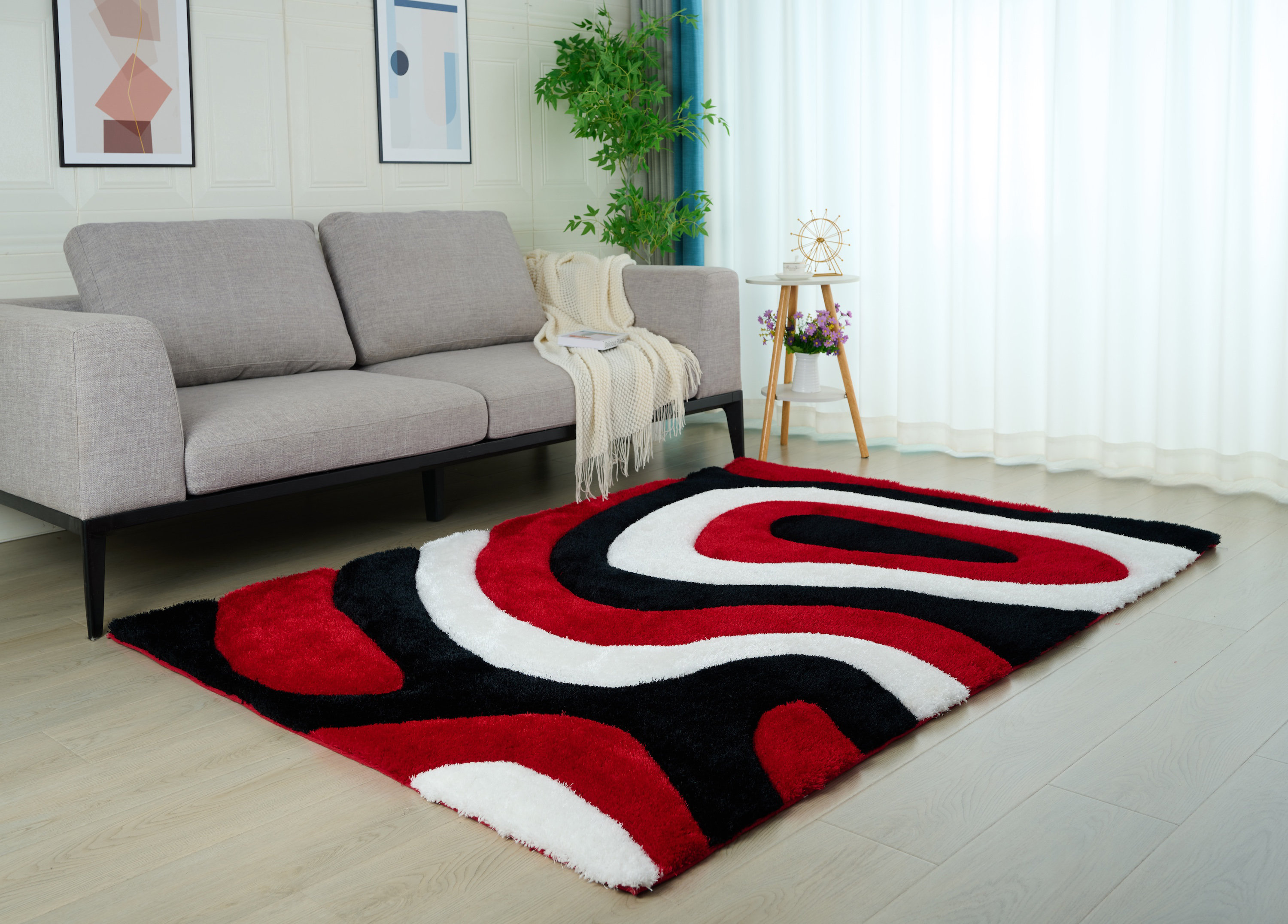 Brayden Studio Jakelyn Shag Abstract Designed Red/Black Area Rug ...