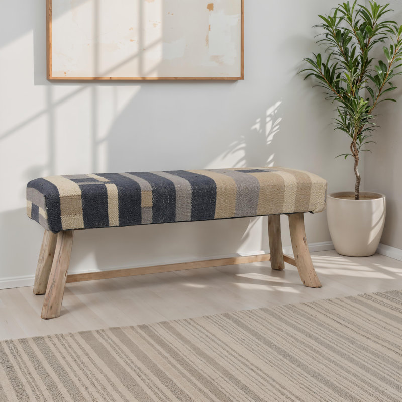Dovetail Furniture Muriel Wool Bench, Neutral and Blue Tones | Perigold
