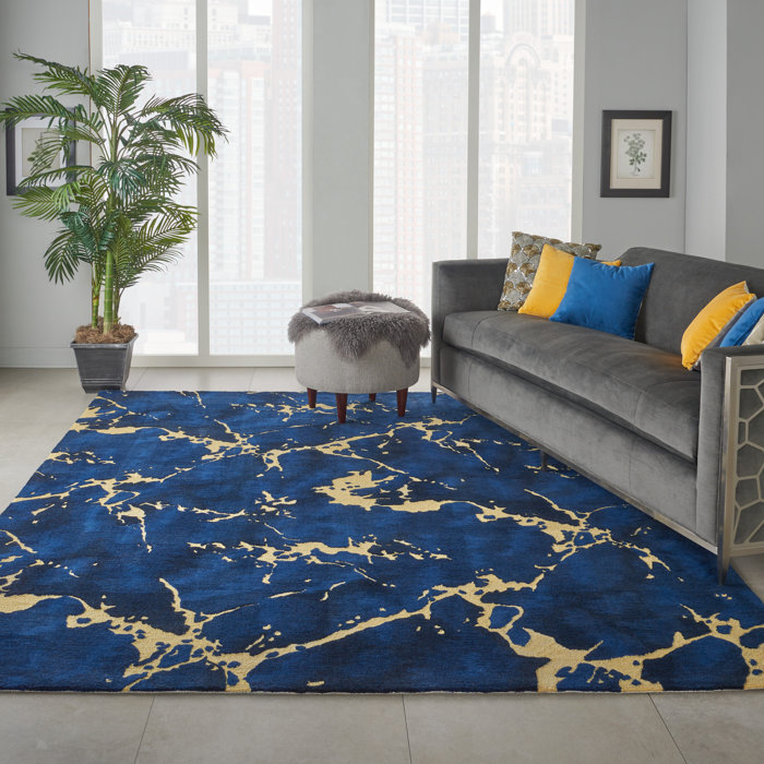 Ivy Bronx Lavonne Handmade Performance Navy Blue/Yellow Rug & Reviews ...