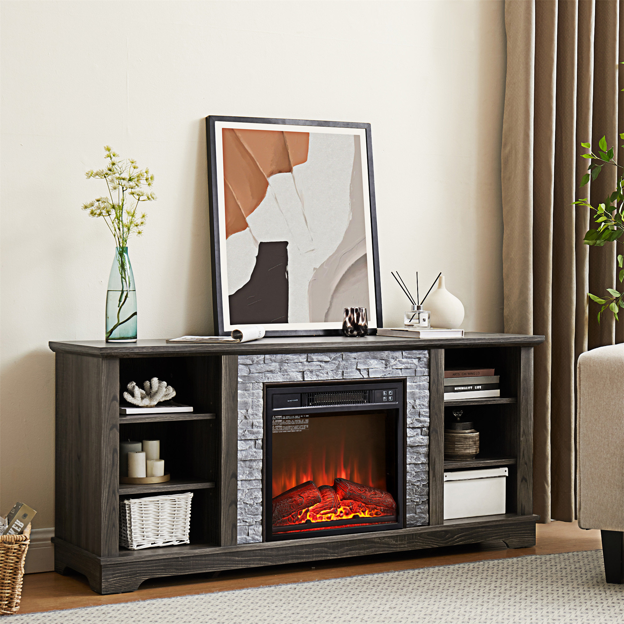 Alcott Hill® Mantel Electric Fireplace Stone TV Media Stand With Faux ...