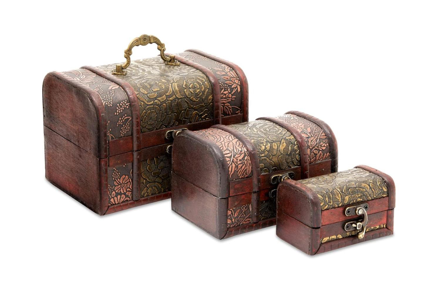 Astoria Grand 3-Set Wood Treasure Chest Decorative Boxes With Flower ...