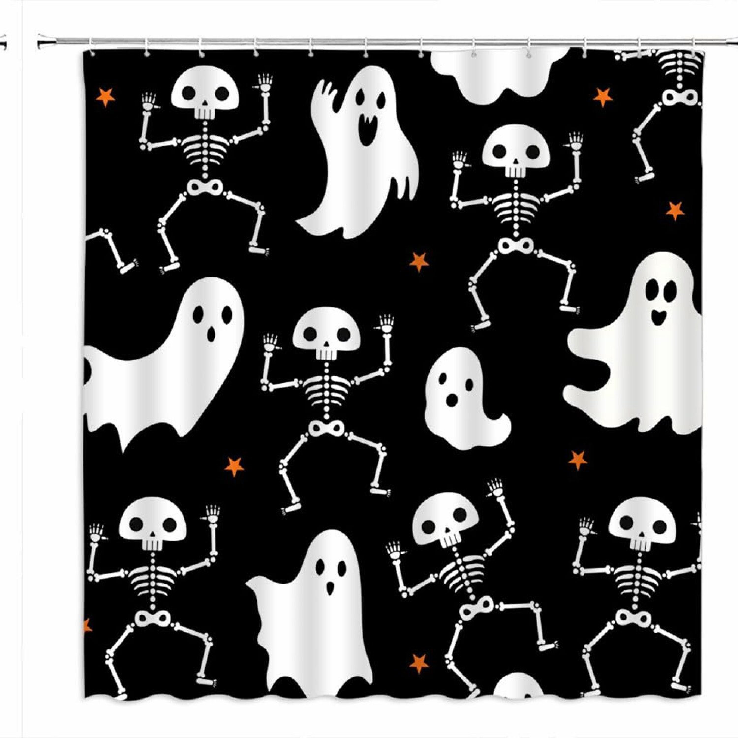Latitude Run® Spooky Skeleton Ghost Shower Curtain - Cute Cartoon Black ...