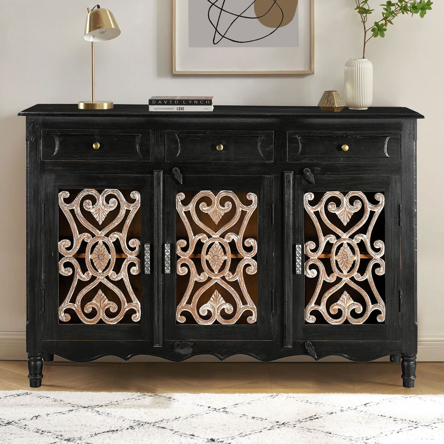 Far Pavilions Distressed Black Finish 56 in. Long Solid Wood Buffet ...