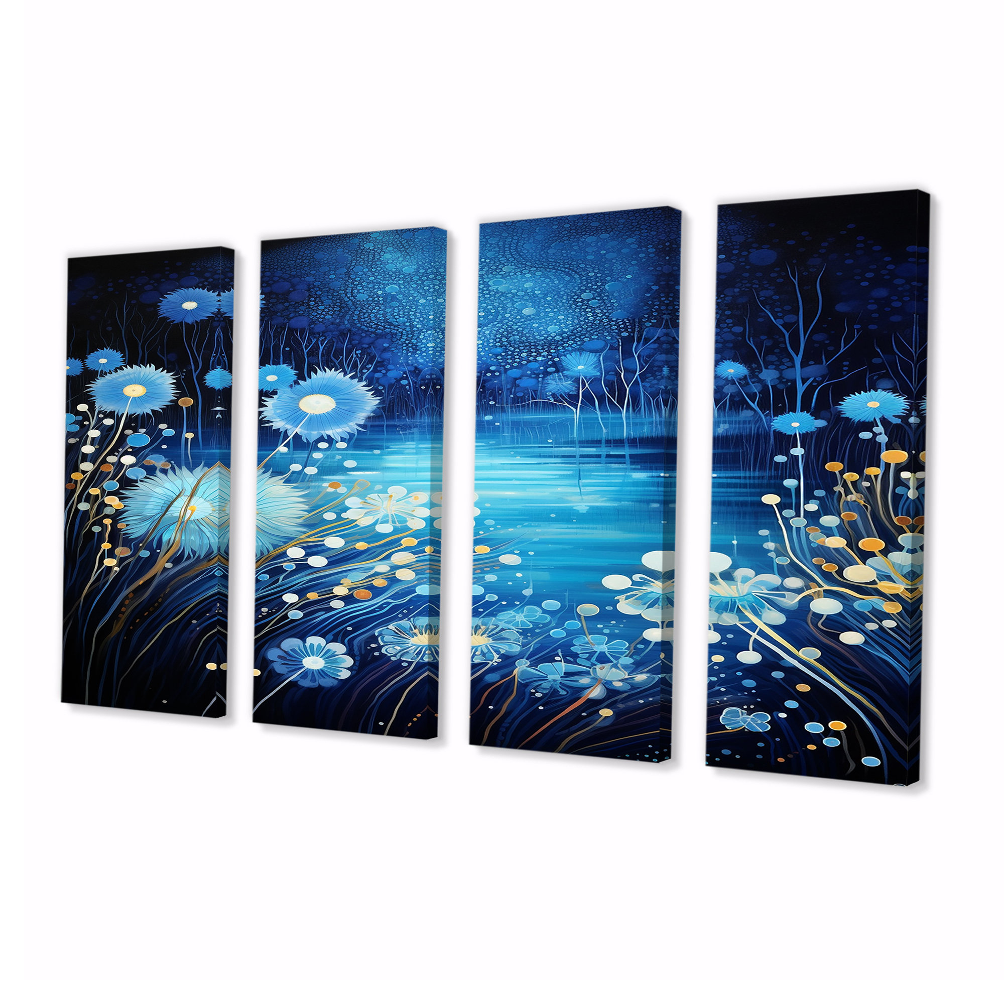 Design Art Dandelion Pappus Misty Blue River At Night - Dandelion Wall ...