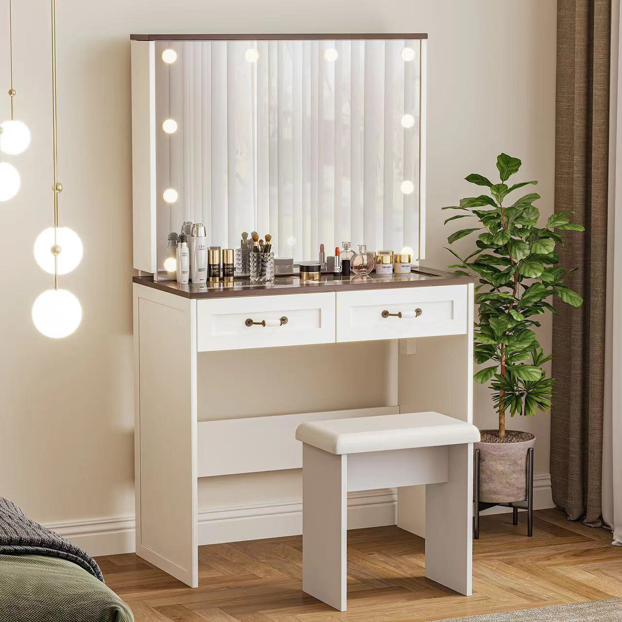 GLORIP Farmhouse Makeup Vanity Desk with 3-Tone LED & Glass Tabletop ...