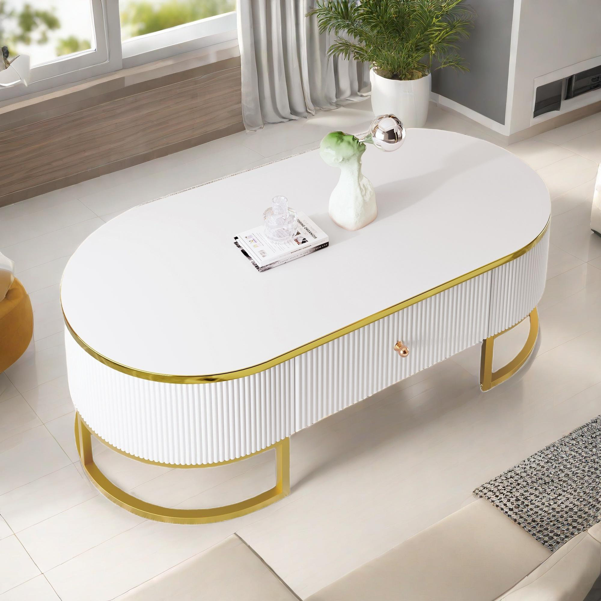 Mercer41 Oval Coffee Table With 2 Drawers, Curved Profile Design, Gold ...