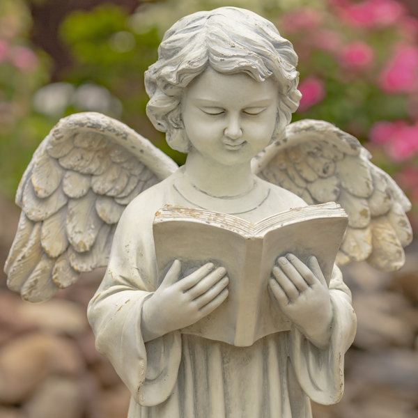 Trinx Child Angel Reading Book Magnesium Garden Statue | Wayfair