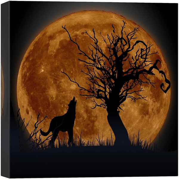 IDEA4WALL Harvest Moon Night Sky Forest Tree Wolf Silhouette On Canvas ...