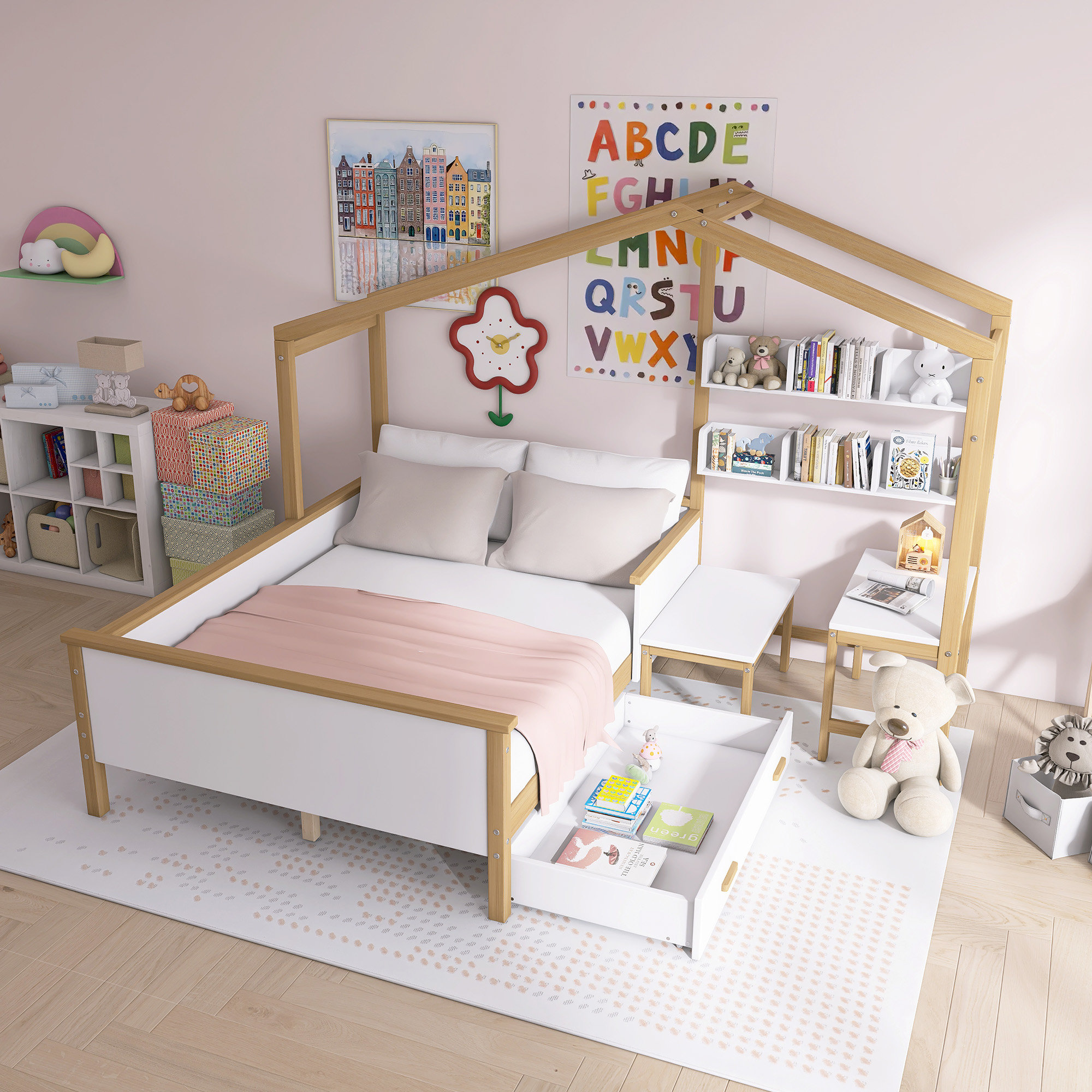 UTOLOB Full Size Wooden Bed Frame With Drawer And Bookshelf In White ...