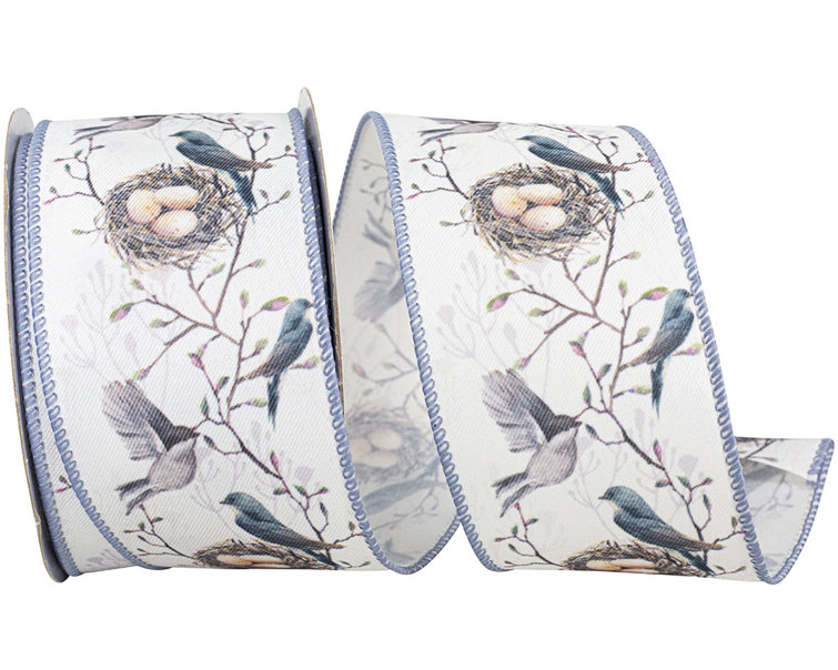 The Holiday Aisle® 2-1/2"X10yd Slate Birds And Eggs Wired Edge Ribbon ...