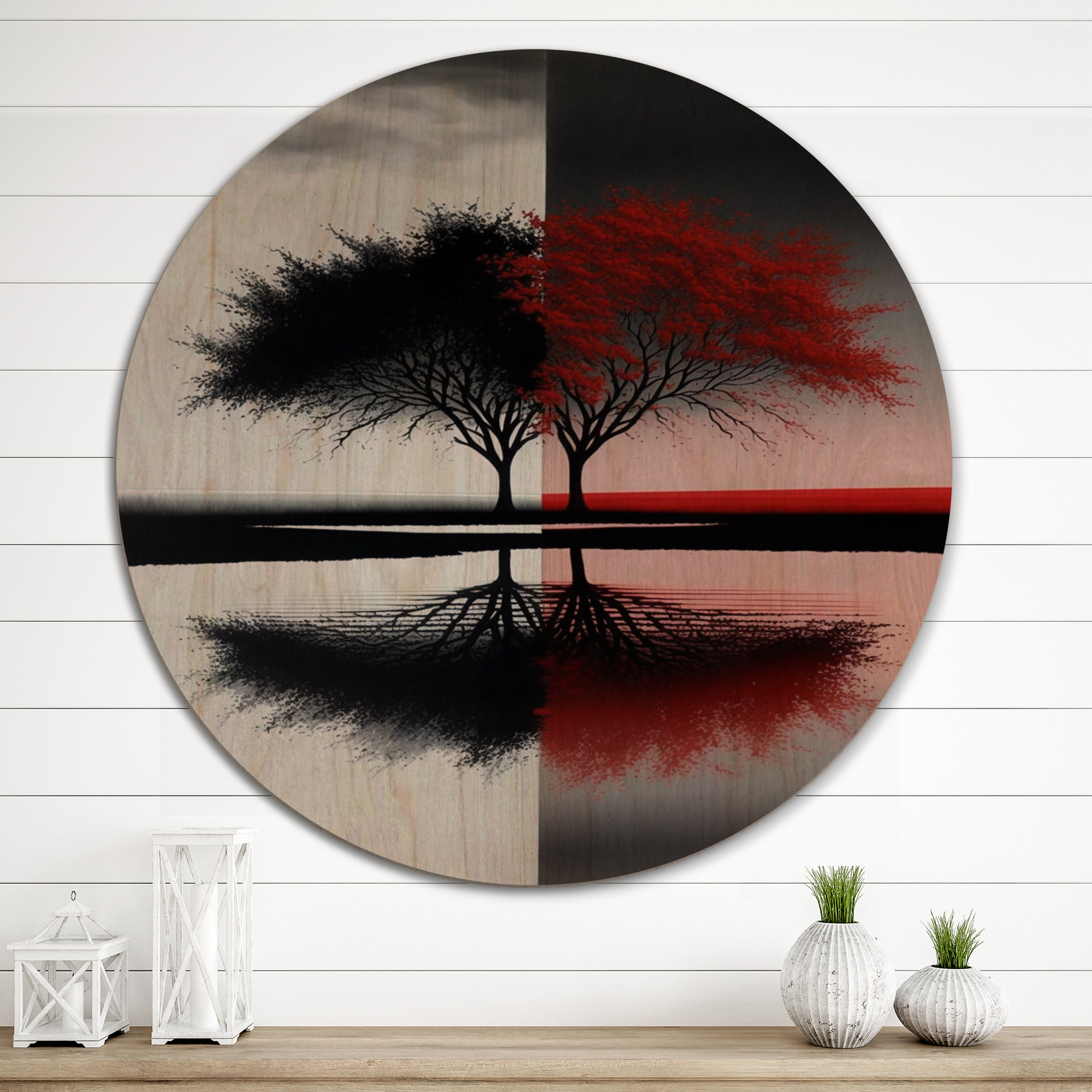 Red Barrel Studio® Red and Black Abstract Trees by the Lake - Landscape ...