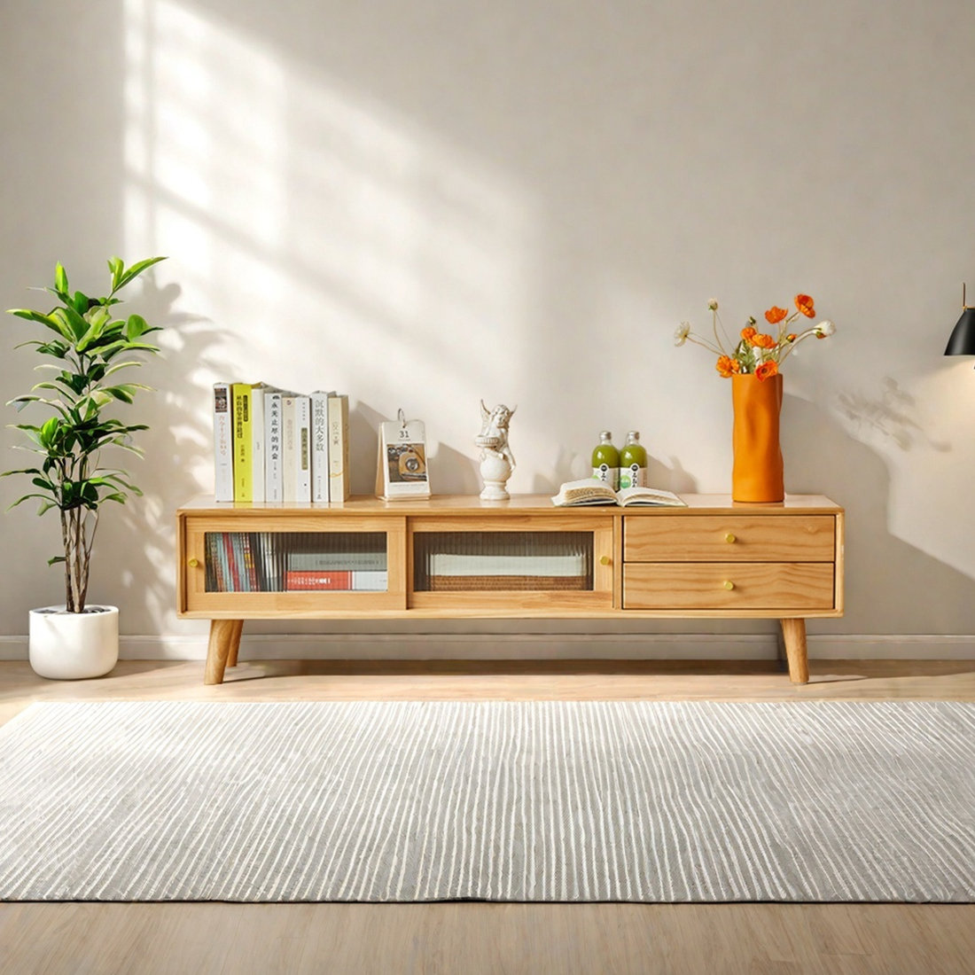 Trentastic Trails Premium Pine TV Stand with Ribbed Glass Doors | Wayfair