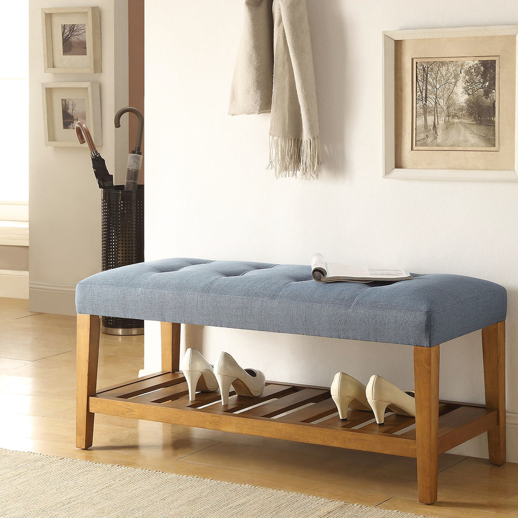 Red Barrel Studio Blue Padded Storage Bench With Oak Wood And Practical ...
