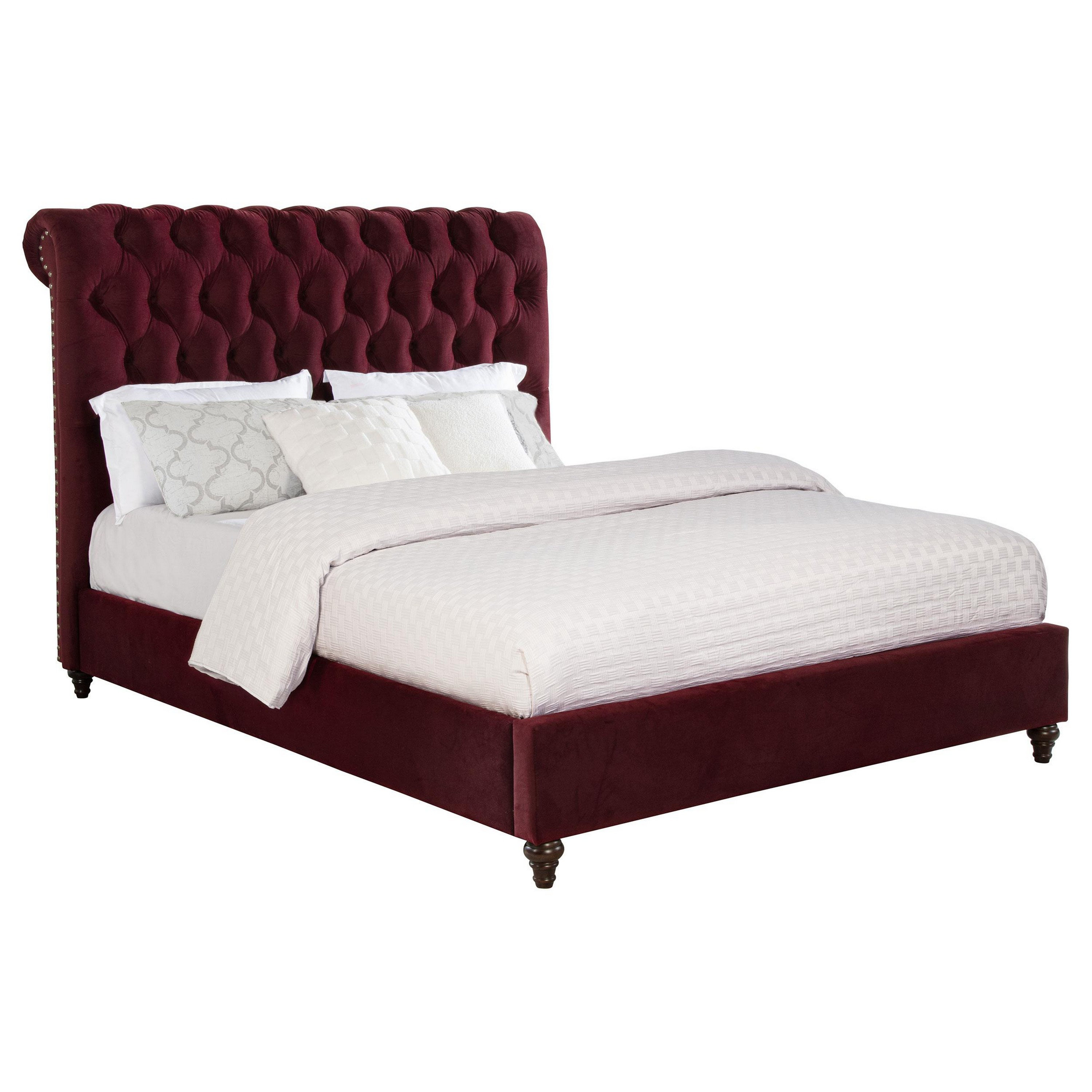 Benjara Damo Full Size Bed, Red Wine Velvet Upholstered Chesterfield ...
