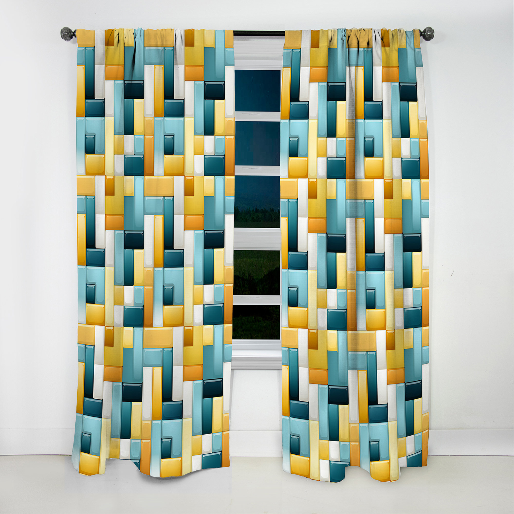 Design Art Yellow And Blue Geometric Blocks Harmony I - Modern Velvet Curtain - Room Darkening ...